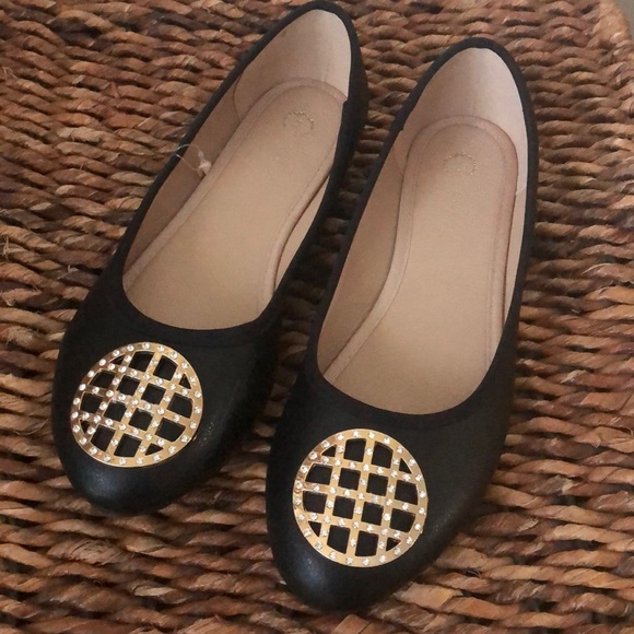 Cato | Shoes | Last Pair Adorable Black Flats With Gold And Rhinestone ...